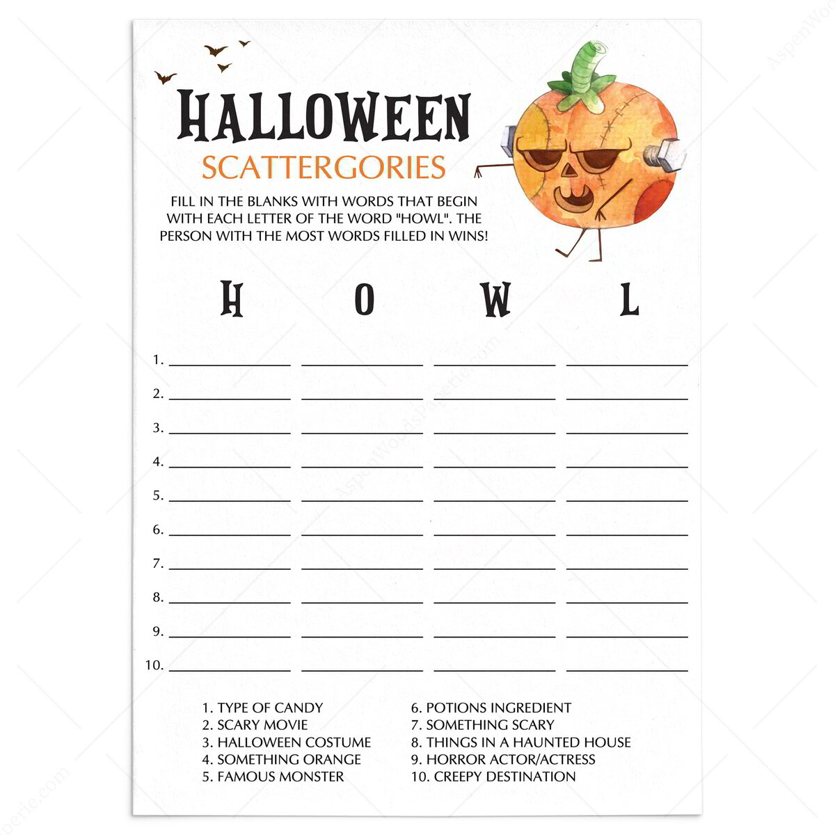 Printable Scattergories Game | Halloween Party Games Classroom Ideas