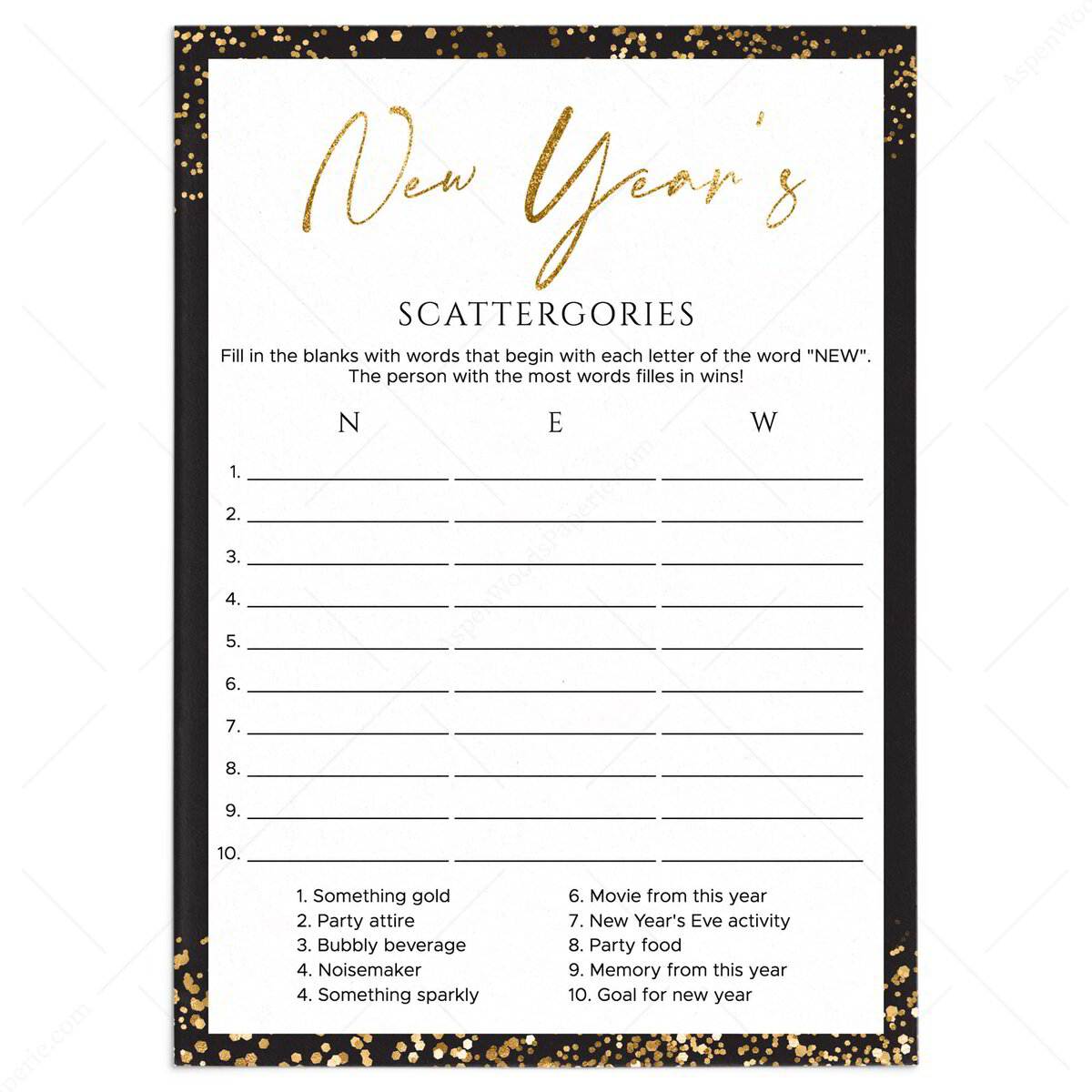 Glitter New Years Scattergories | Family Word Game Printable