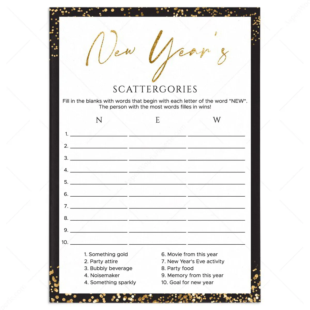 Glitter New Years Scattergories | Family Word Game Printable