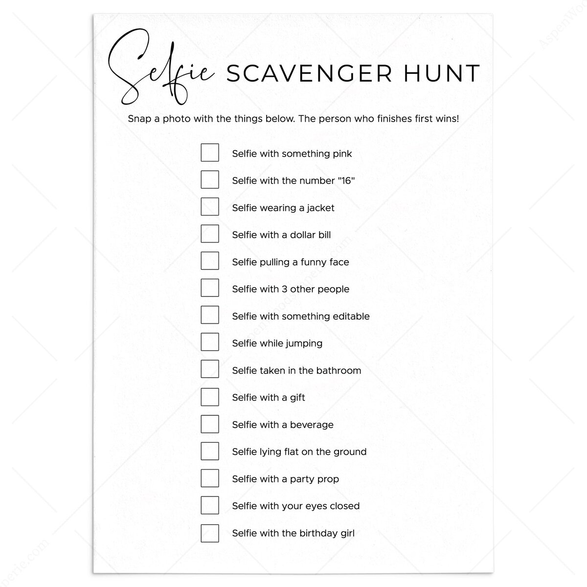 Selfie Scavenger Hunt | Sweet Sixteen Game Printable