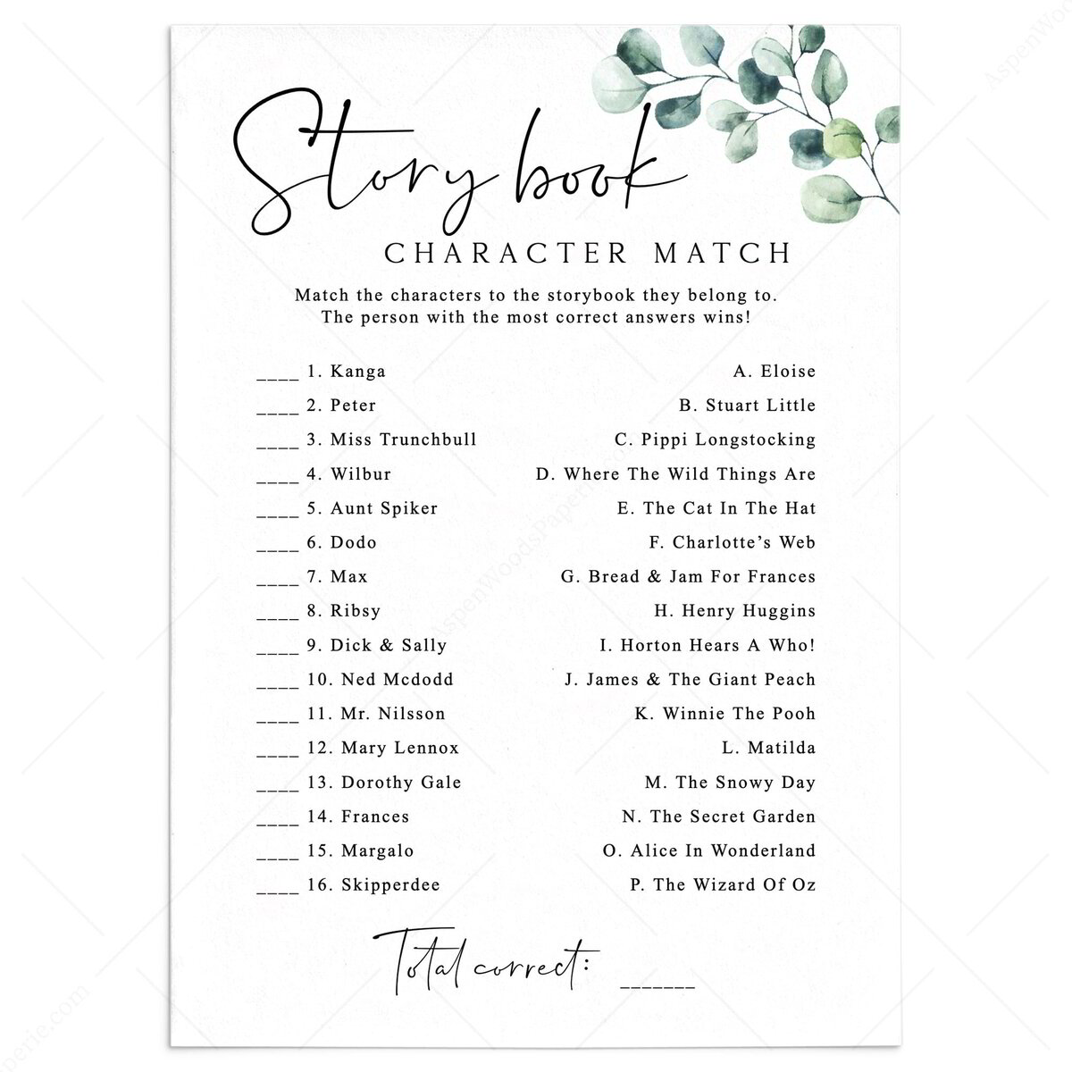 Story Book Character Match Game | Green Baby Shower Ideas