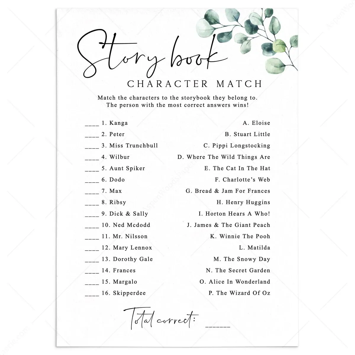 Story Book Character Match Game | Green Baby Shower Ideas