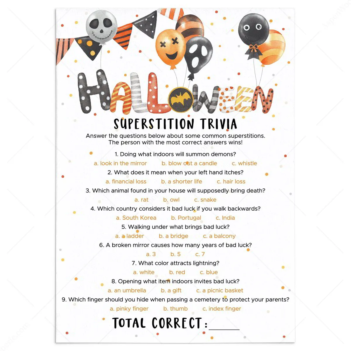 Halloween Superstitions Trivia Quiz Printable | Spooky Party Ideas