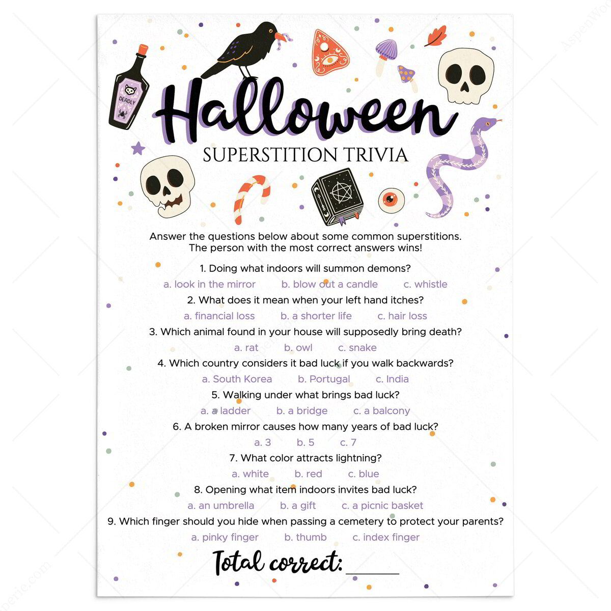 Superstitions Game Printable | Witch Halloween Party Theme