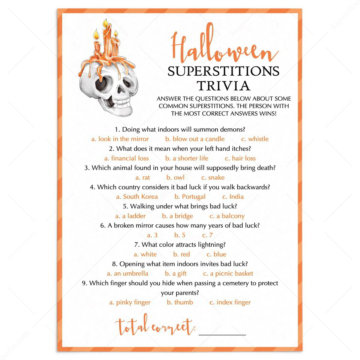 Halloween Superstitions Trivia Quiz Printable | Skeleton Design