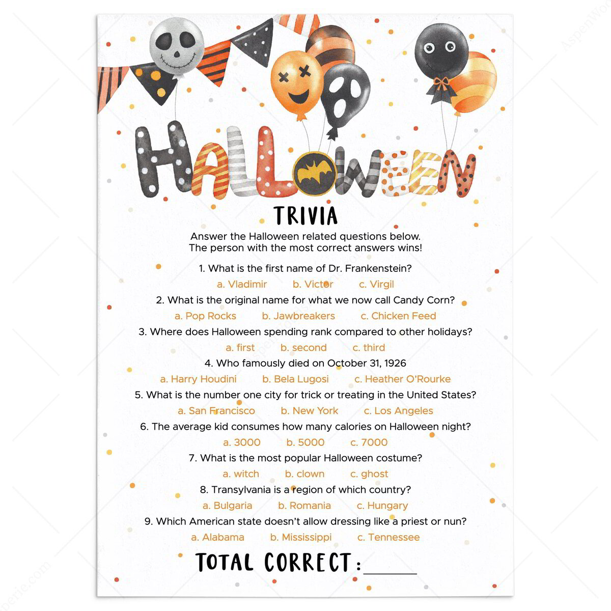 Spooky Halloween Trivia Questions and Answers Printable Game