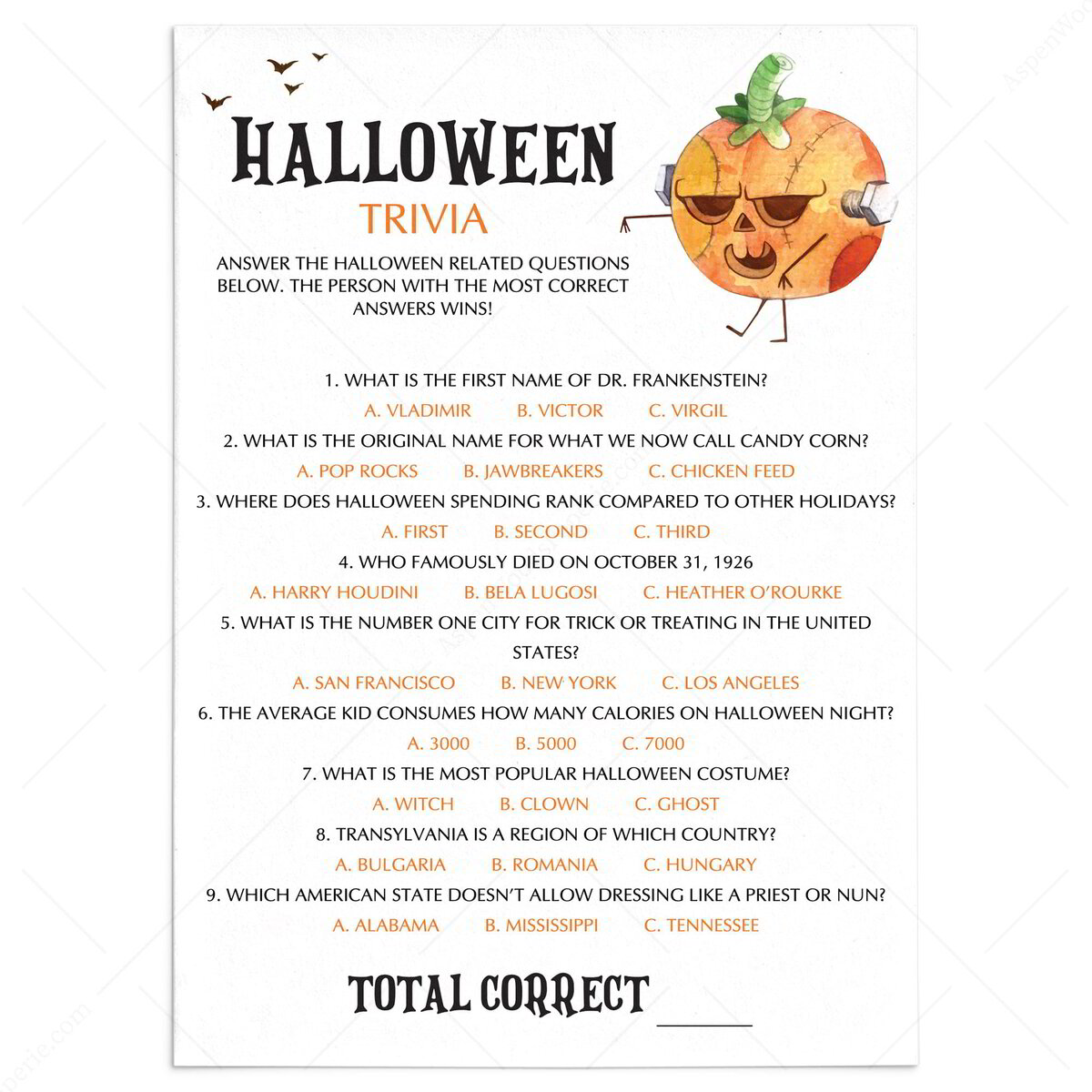 Pumpkin Halloween Party Trivia Game Printable With Answers | Download Now