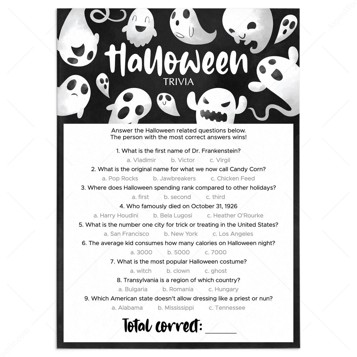 Spooky Halloween Party Trivia Game for All Ages | Printable Game