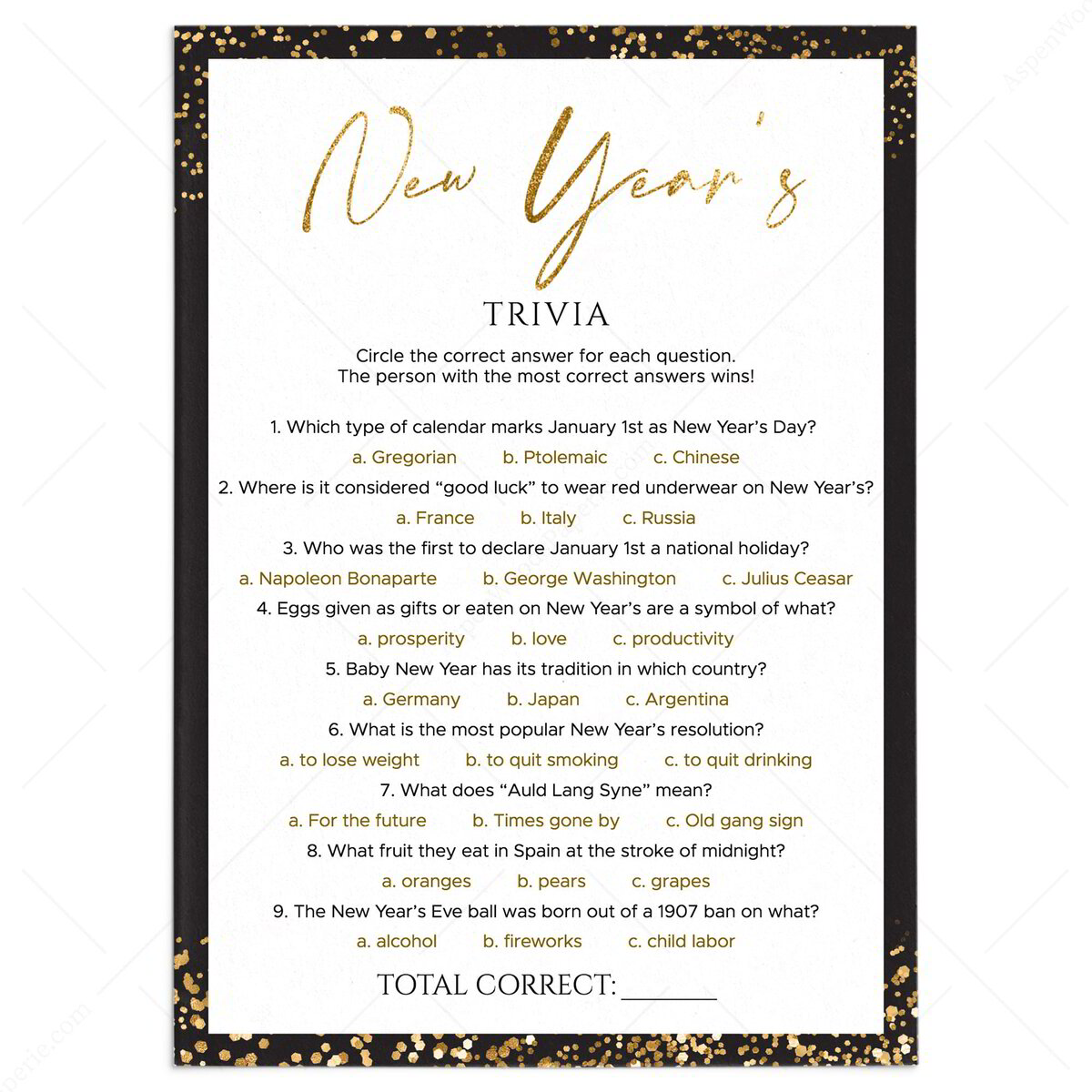 Fun Quiz Questions About New Years Eve Trivia | Printable
