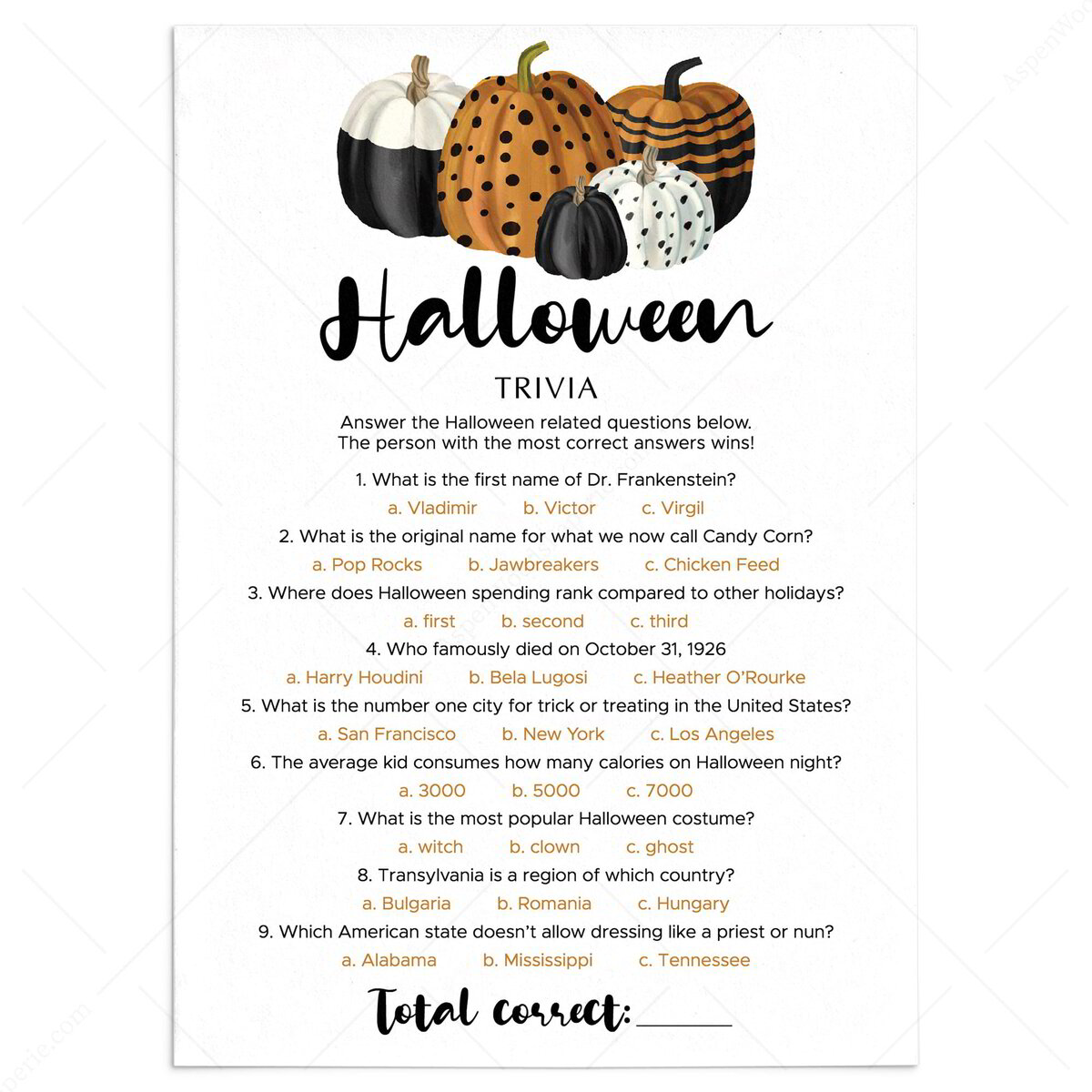 Halloween Trivia Game Questions and Answers | Printable Game
