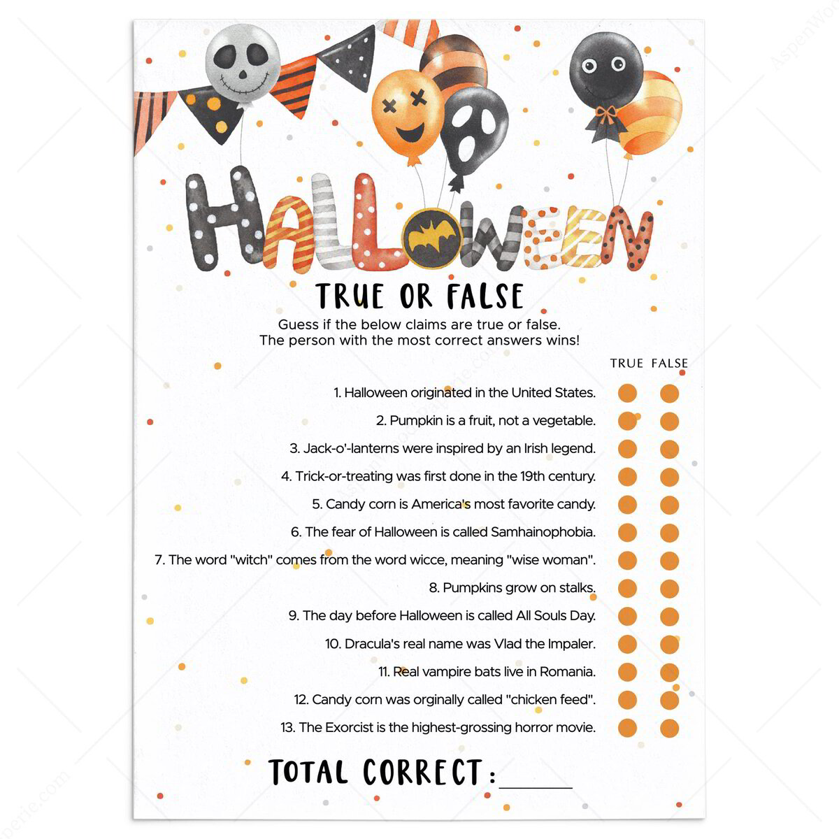 True or False Halloween Classroom Party Game Printable | Teacher Ideas