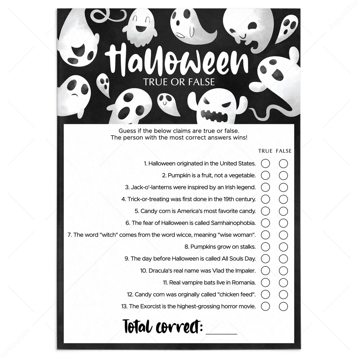 True or False Halloween Quiz for Kids and Adults | Printable Game