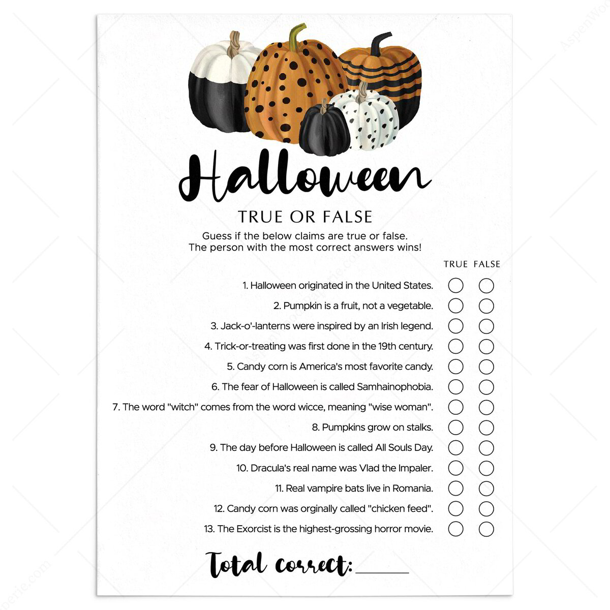True or False Halloween Questions Trivia | Digital Download