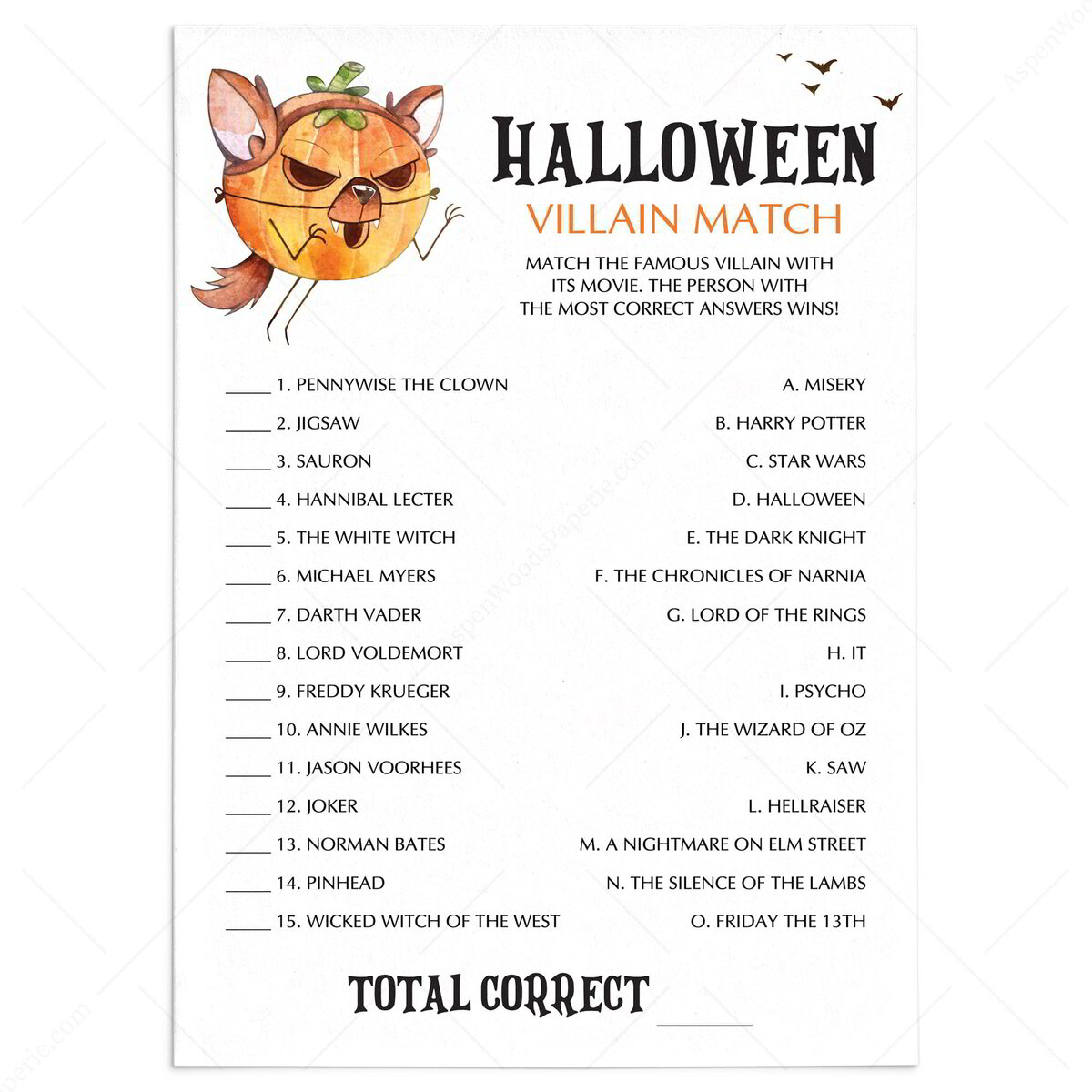 Movie Match Up Halloween Game to Play at Home | Instant Download