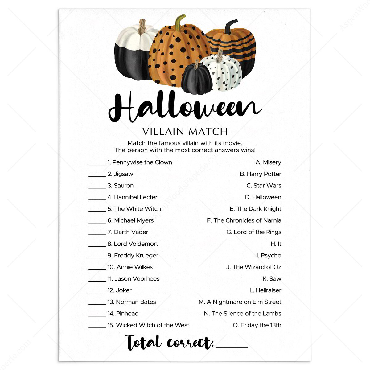 Spooky Villain Match Movie Trivia for Halloween Party | Printable
