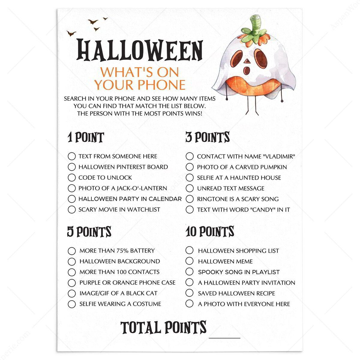 Whats On Your Phone Game Printable | Halloween Night Idea