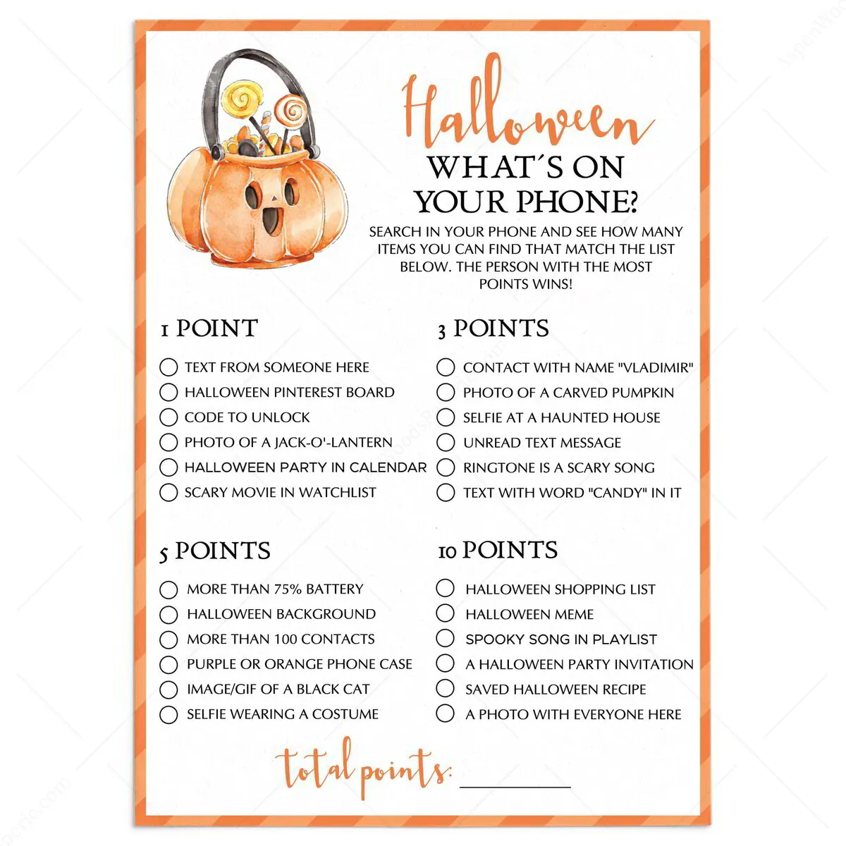 Halloween Whats On Your Phone Party Game | Instant Download