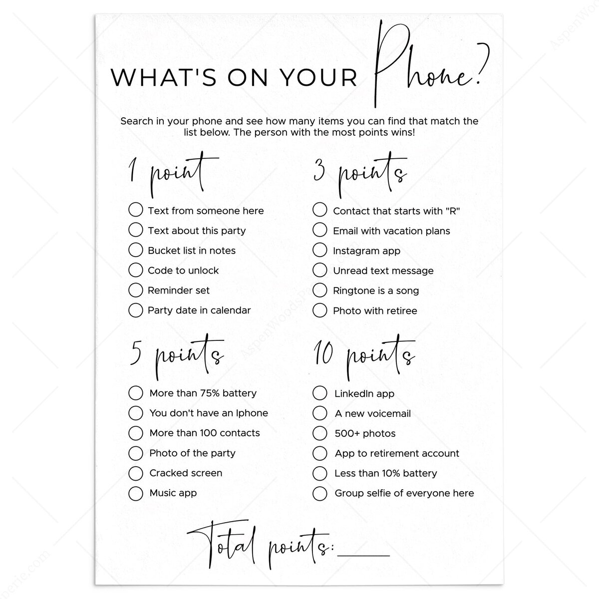 Retirement Party Whats On Your Phone Raid Game | Printable