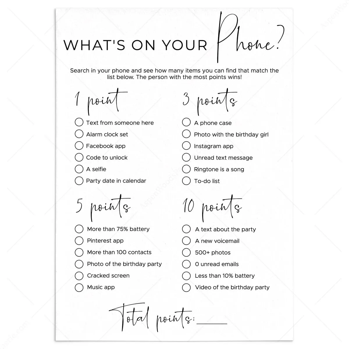 Whats In Your Cell Phone Game | Instant Download | Party Activity