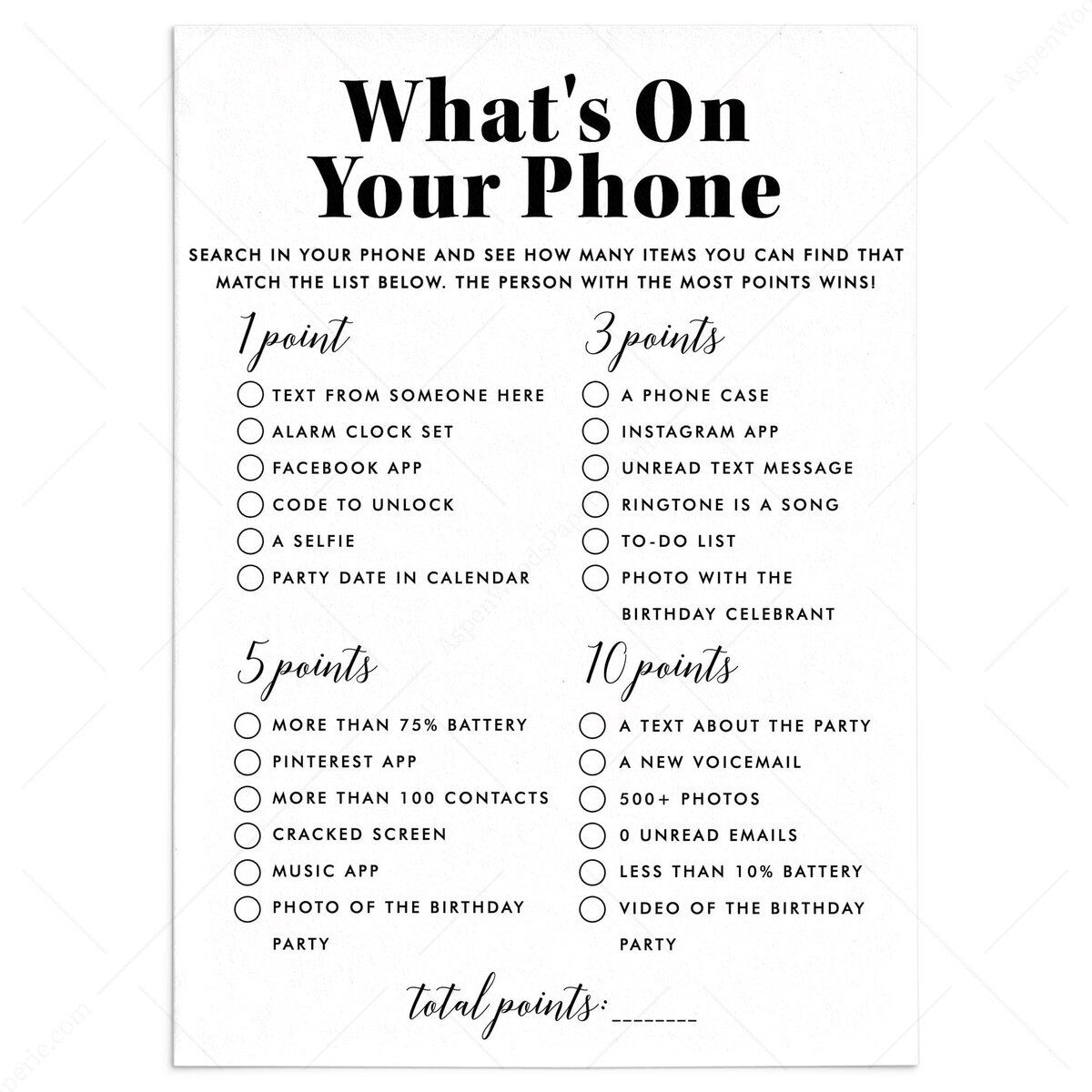Whats On Your Phone Printable | Birthday Icebreaker Game