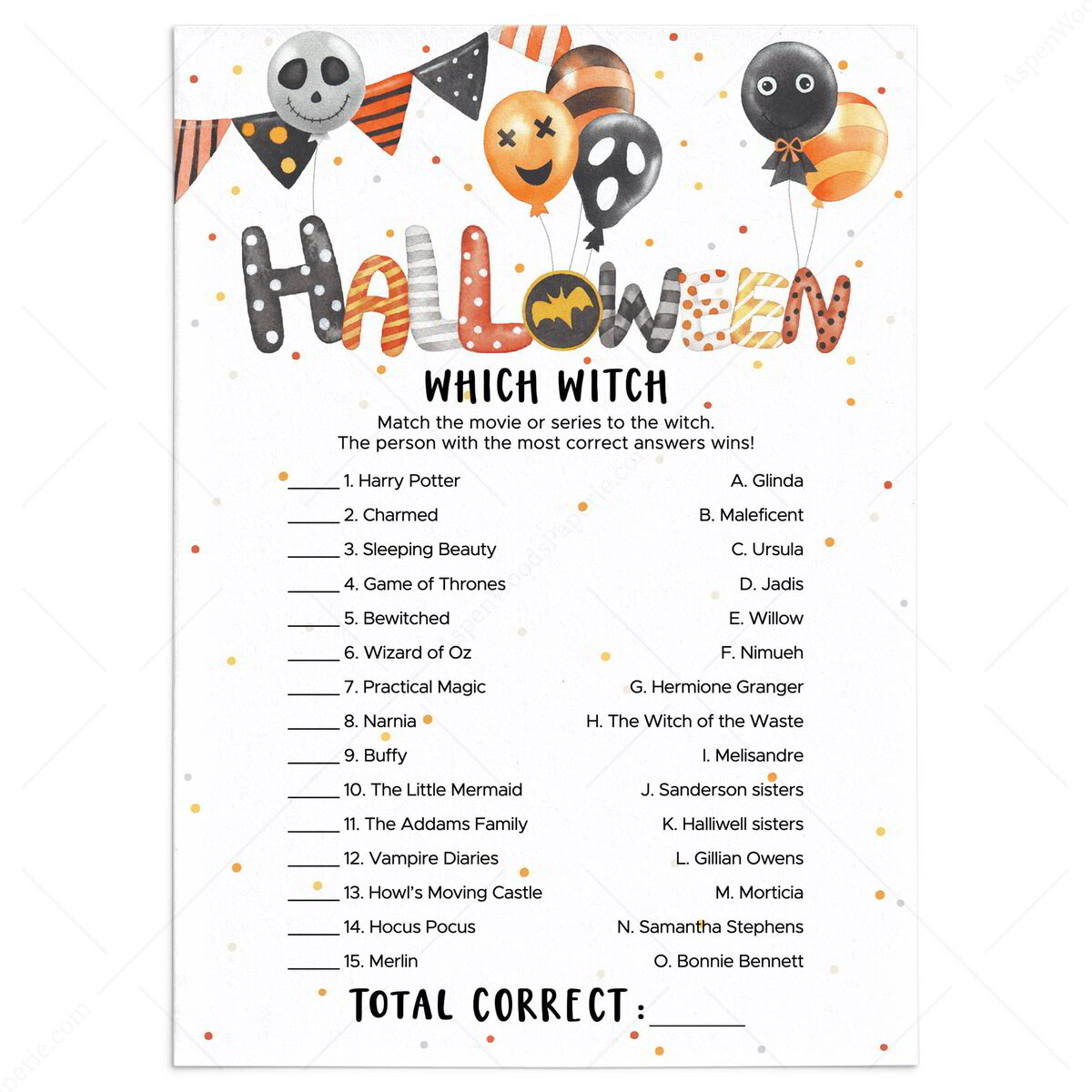 Which Witch Game | Halloween Party Game Printable | Matching Game