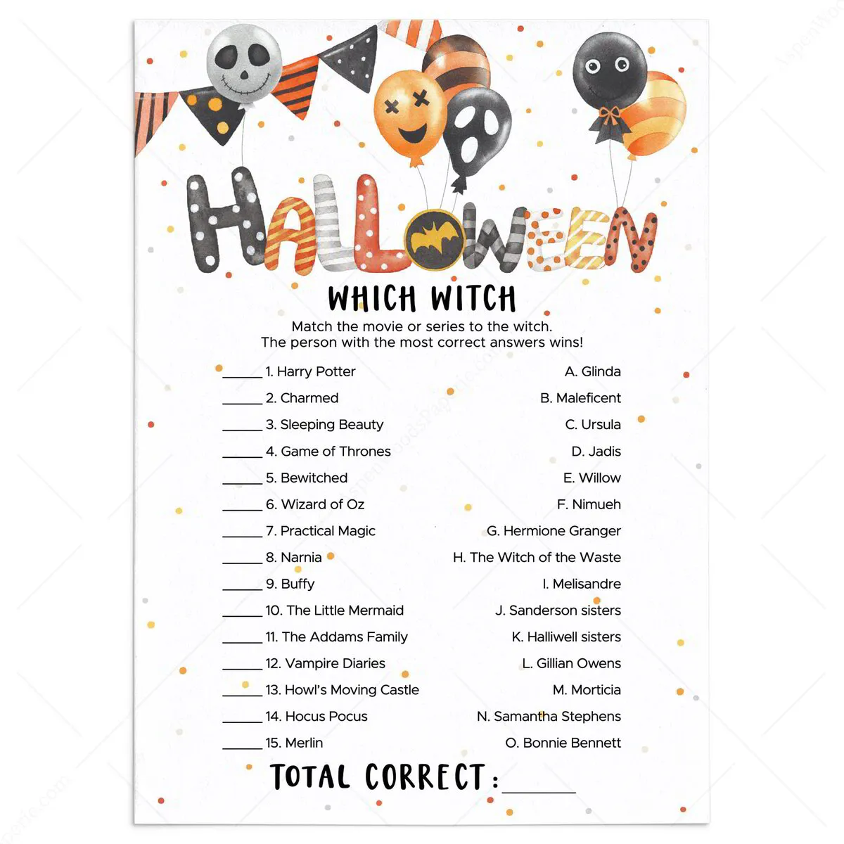 Which Witch Game | Halloween Party Game Printable | Matching Game