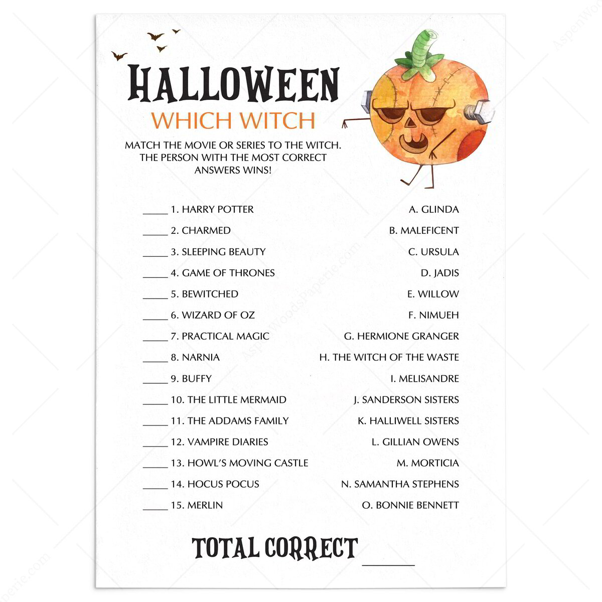 Which Witch Match Up | Halloween Party Game for Groups | Printable