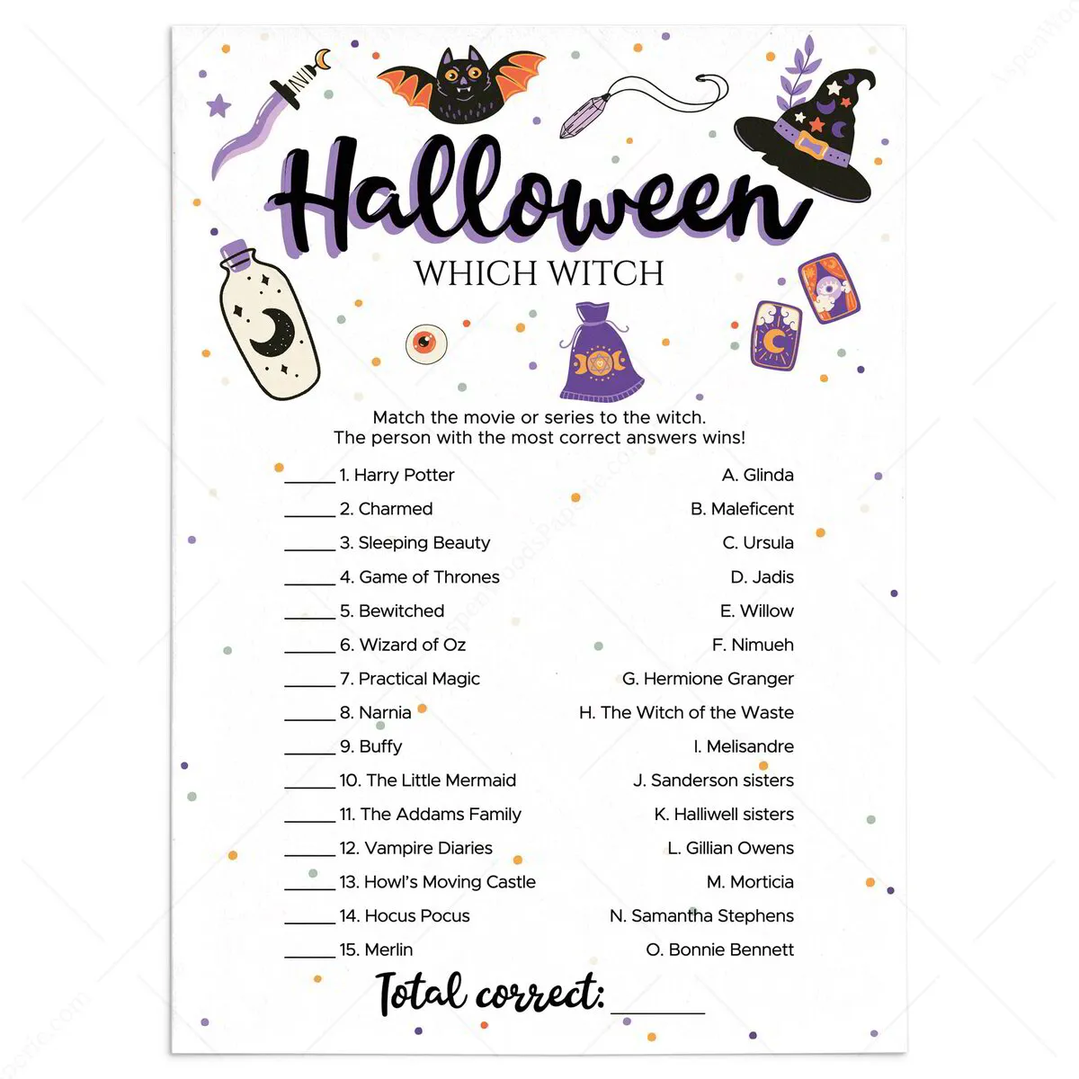 Halloween Witch Game | Which Witch | Movie Match Up Printable