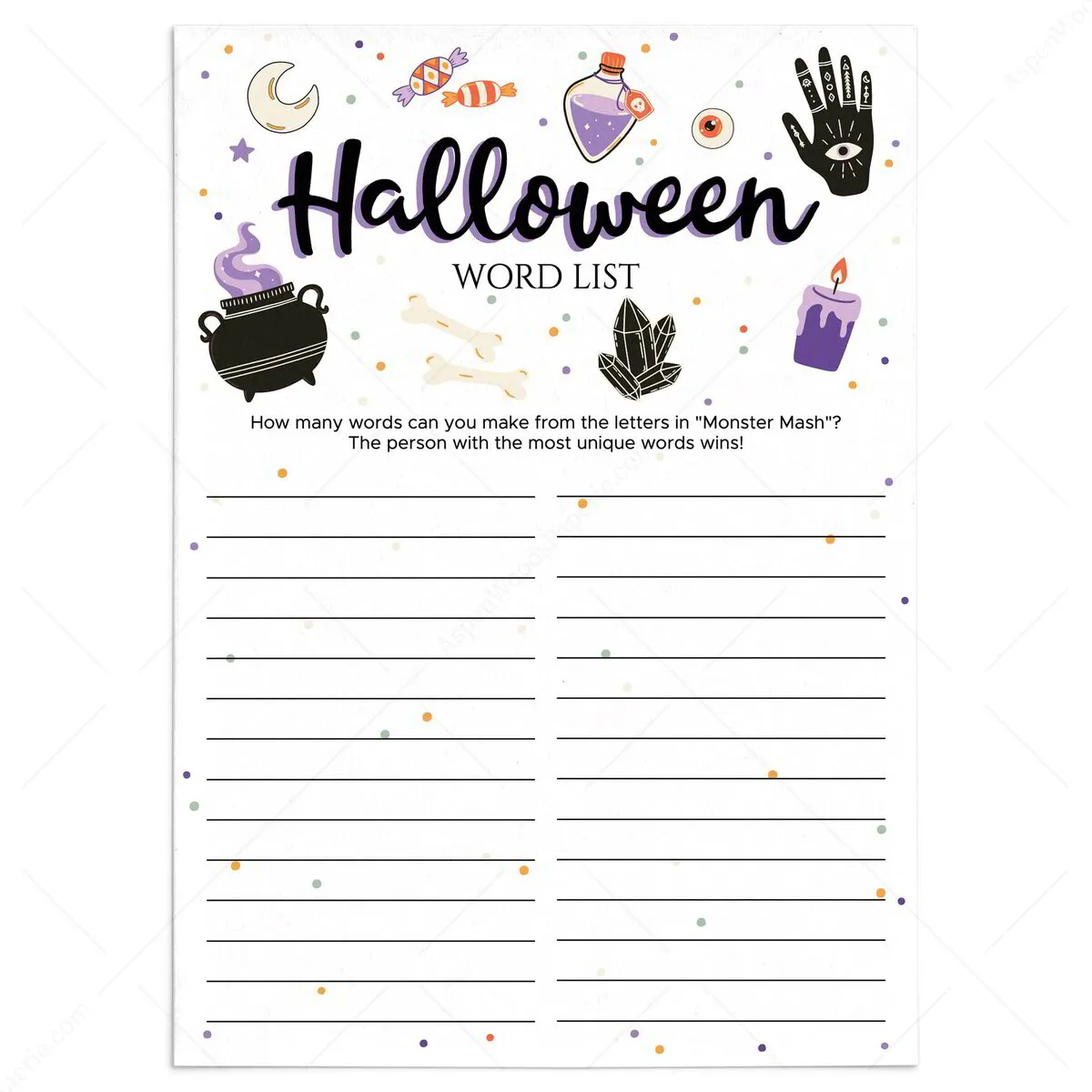 Halloween Word List Game | Instant Download | Purple and Black