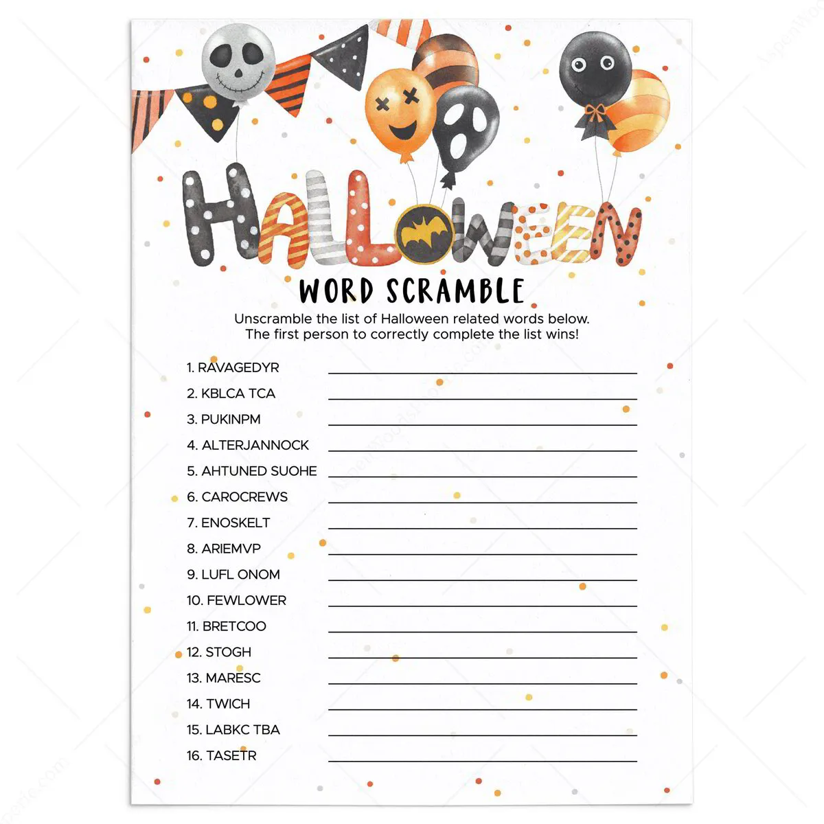 Difficult Halloween Word Scramble with Answers | Printable Party Game