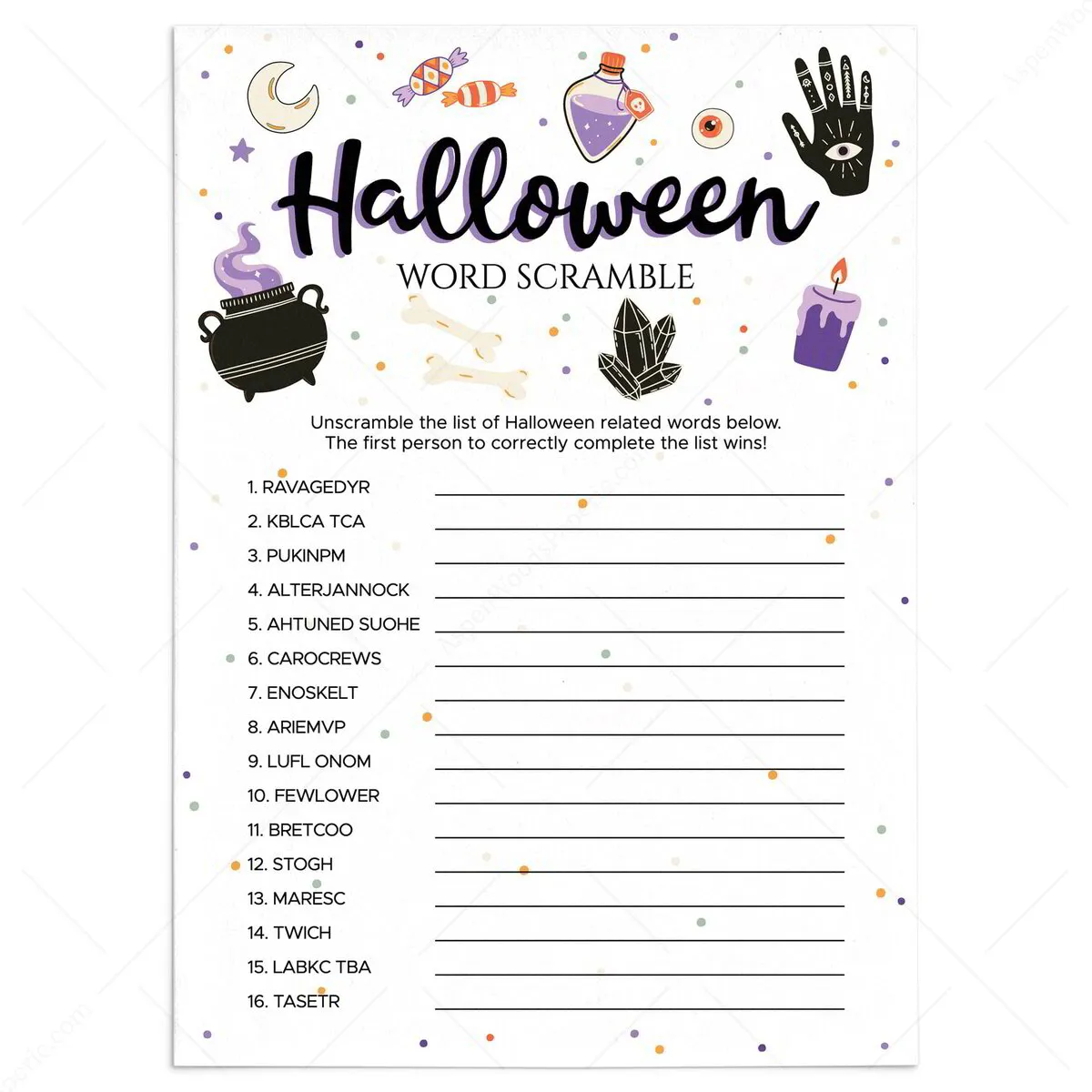 Witch Theme Halloween Word Scramble Answers Key Included | Printable
