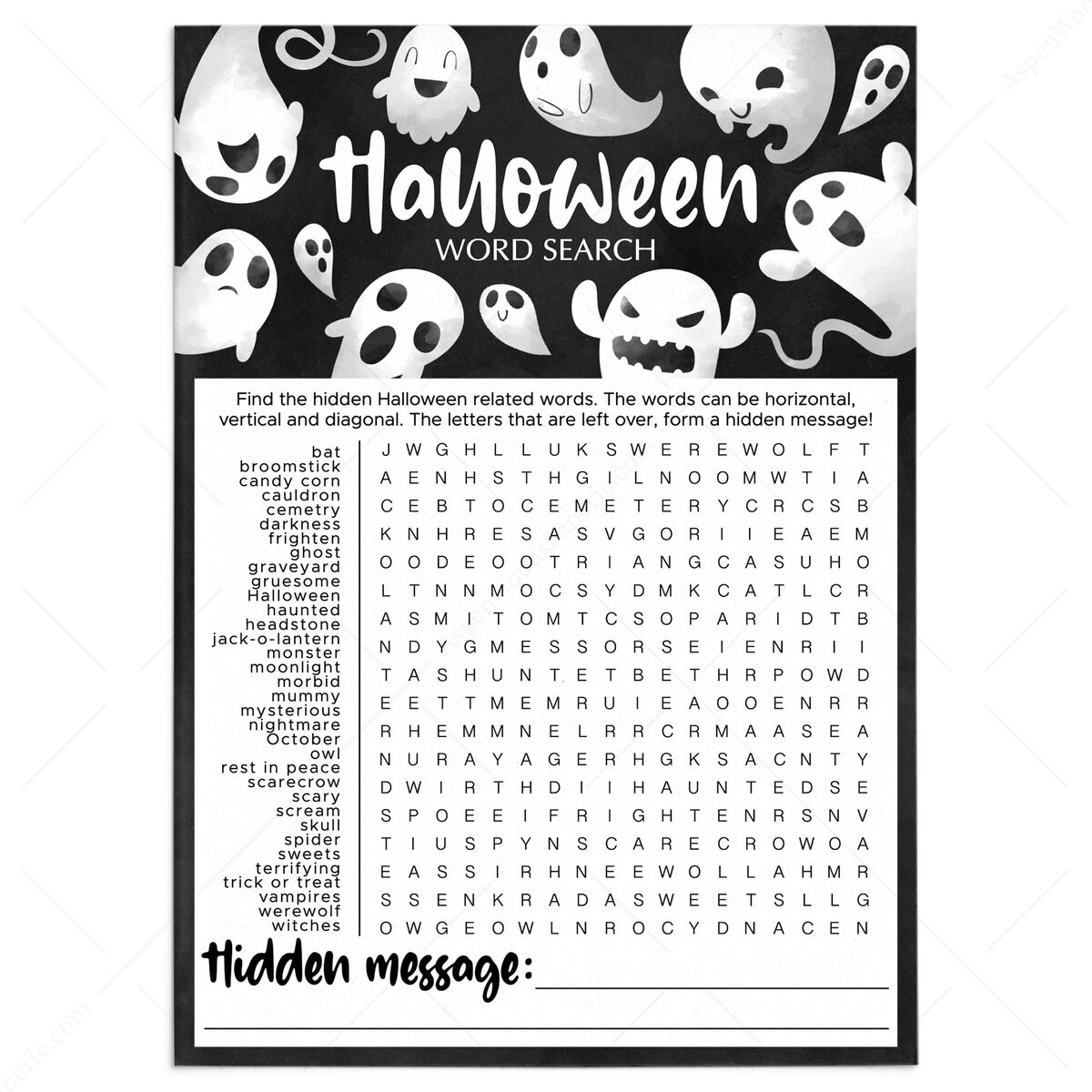 Difficult Halloween Word Search Printable Game | Instant Download