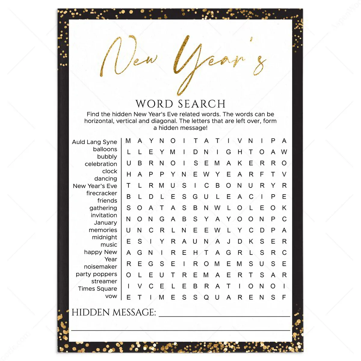 New Years Eve Word Search with Secret Message | Gold Glitter