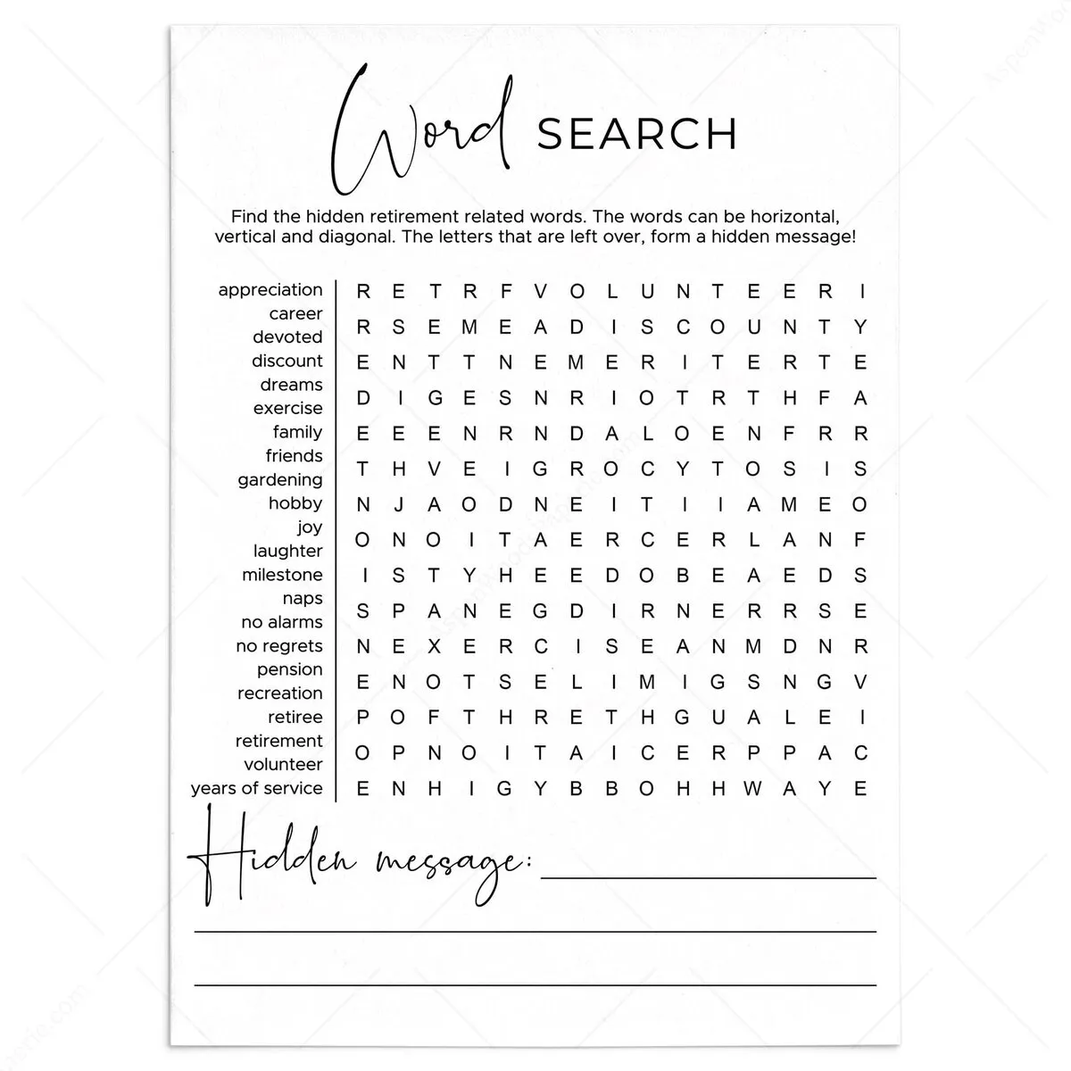 Minimalist Retirement Word Search Puzzle | Printable Game