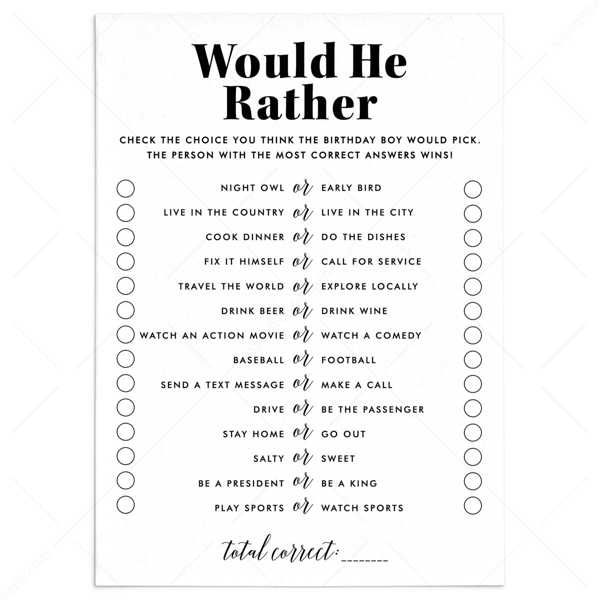 Modern Birthday Would He Rather Game Printable