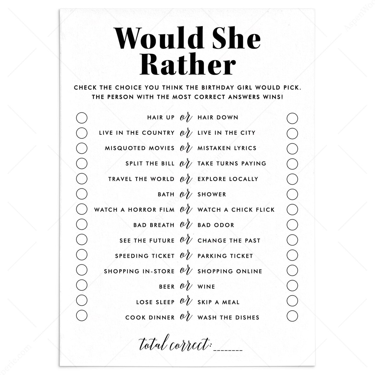 Would She Rather Printable | Birthday Party Game for Adults
