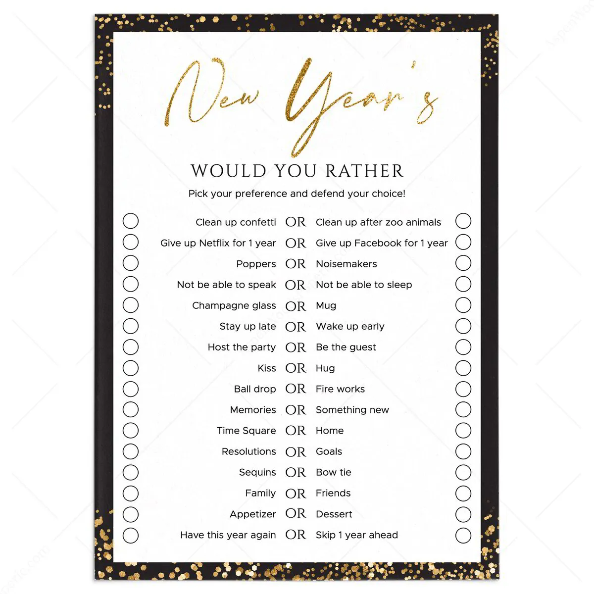 Gold New Years Would You Rather | This or That Game Printable