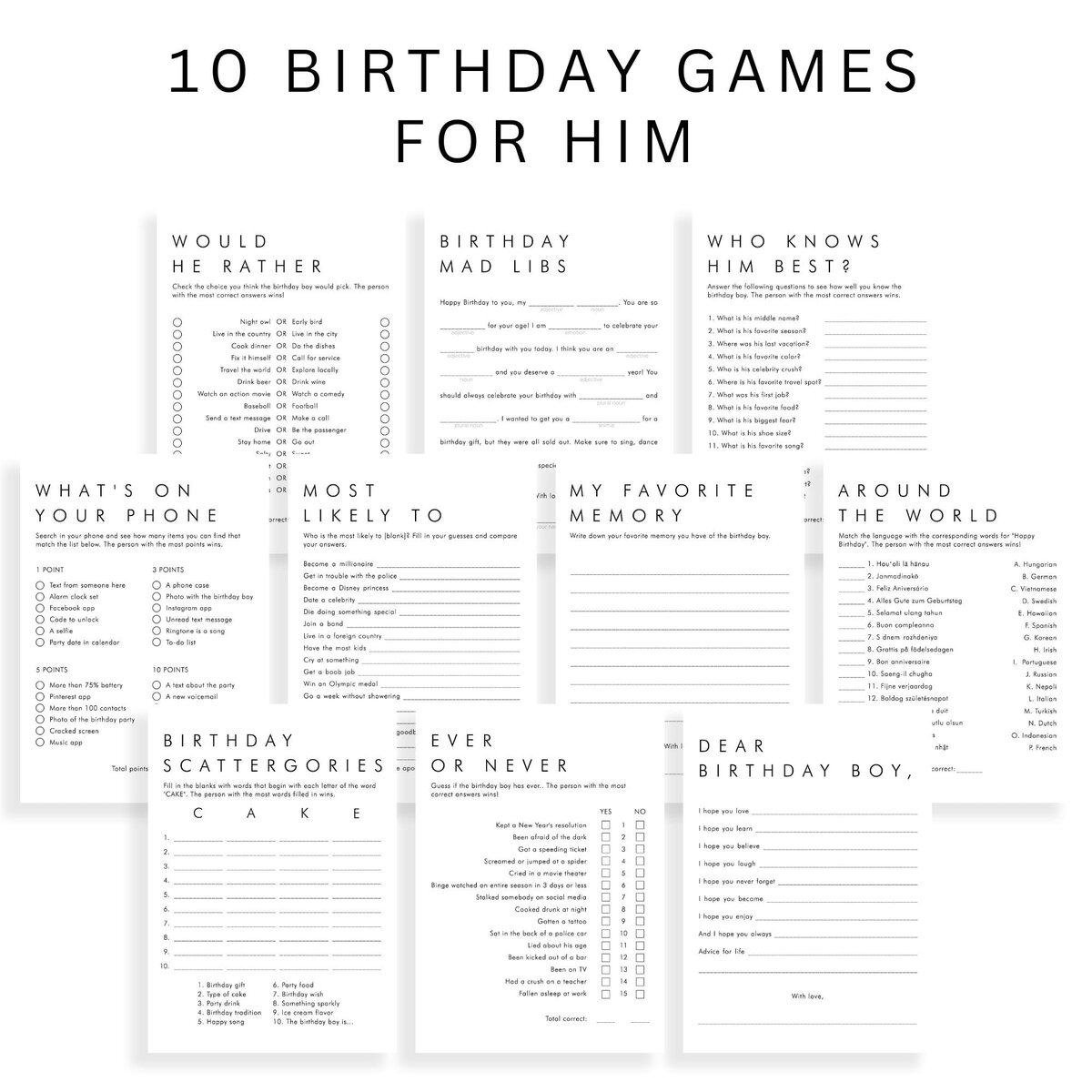 Editable Birthday Games for Him Bundle