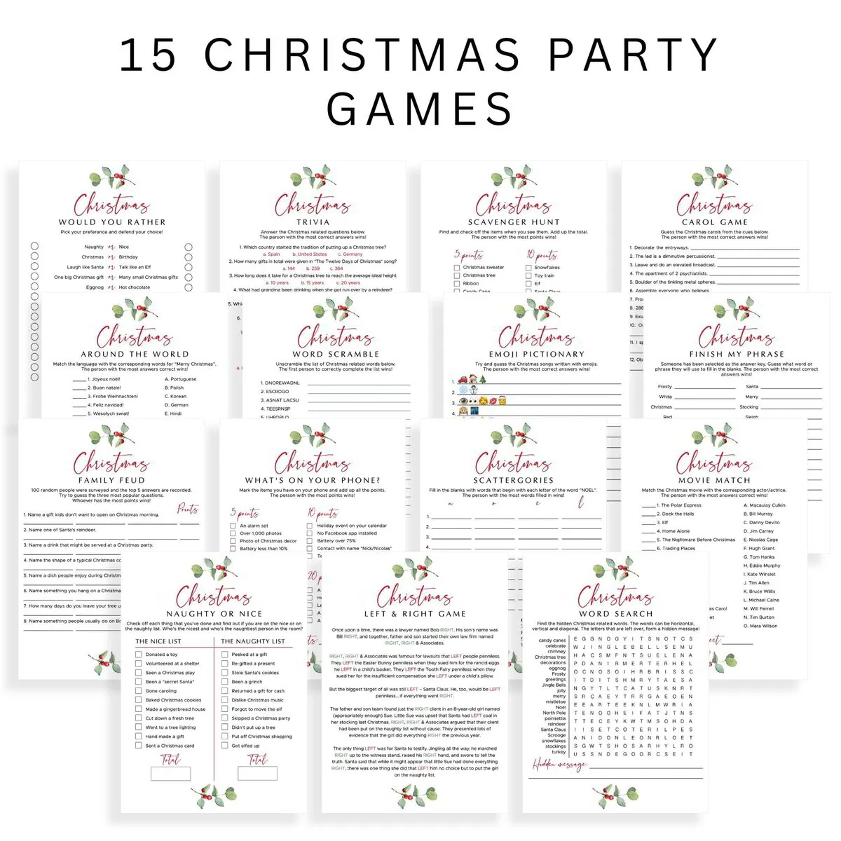 Greenery Christmas Party Games Bundle | Editable Templates