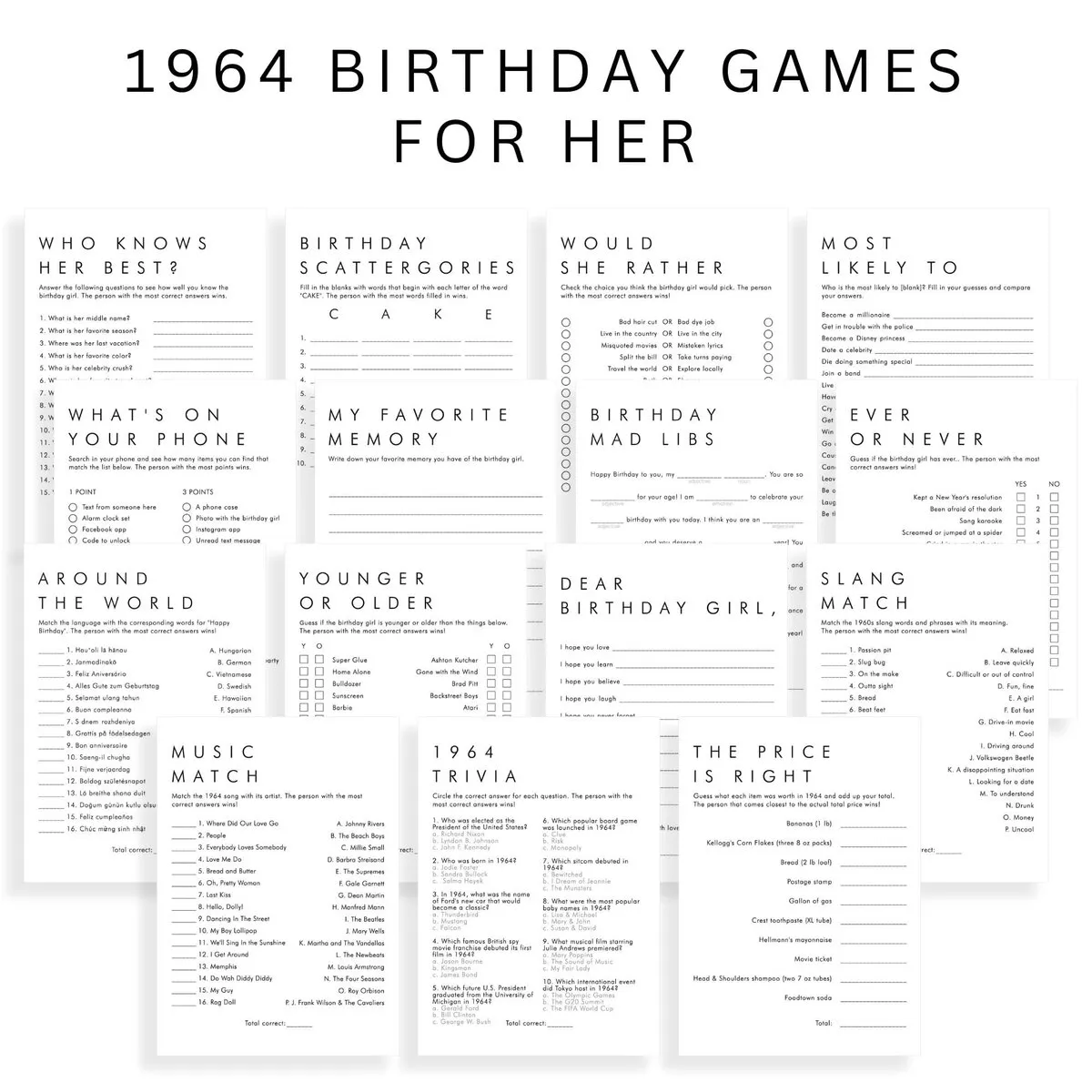 Simple 1964 Birthday Celebration Game Ideas for Her | Editable