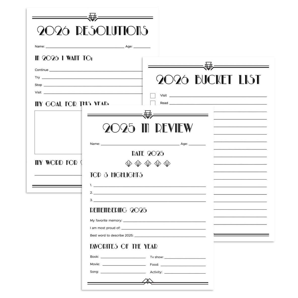 Roaring Twenties New Year's Review and Resolutions Cards | Printable