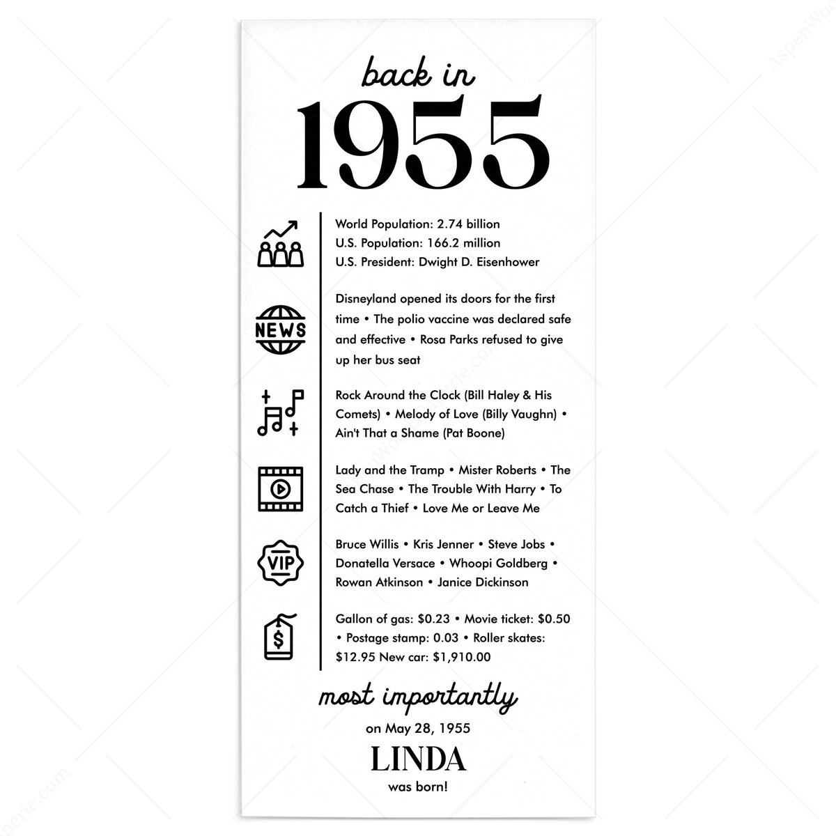 Customizable 1955 Trivia Card with Fun Facts | Special Events
