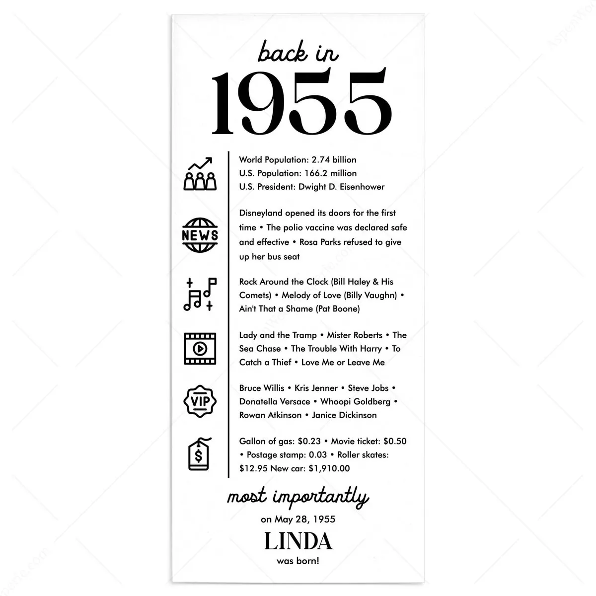 Customizable 1955 Trivia Card with Fun Facts | Special Events