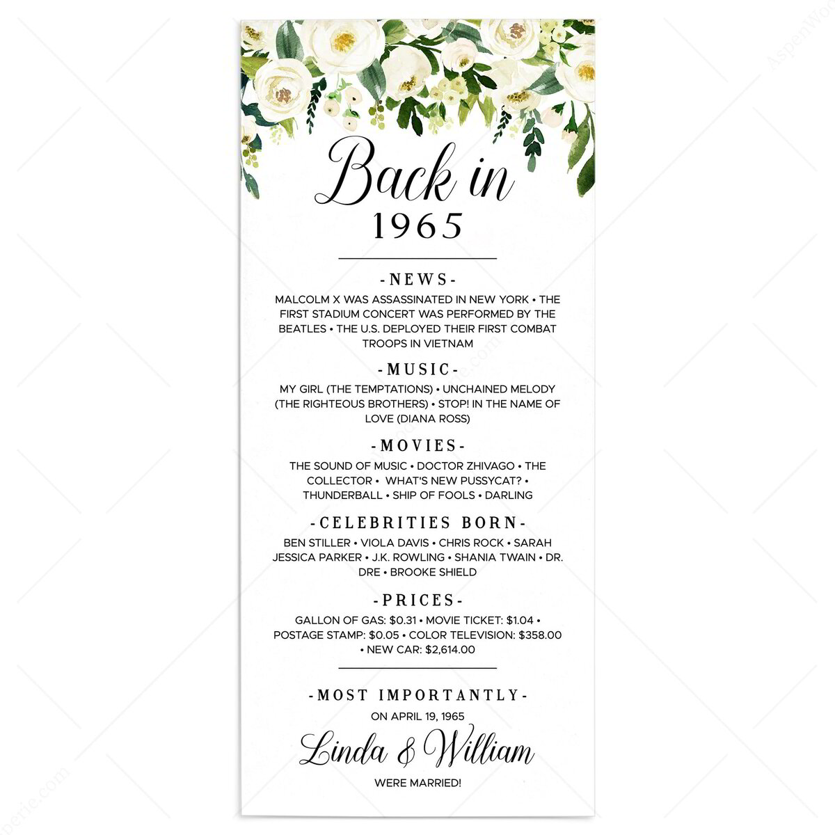Back in 1965 Trivia Facts Card | White Floral Wedding Anniversary