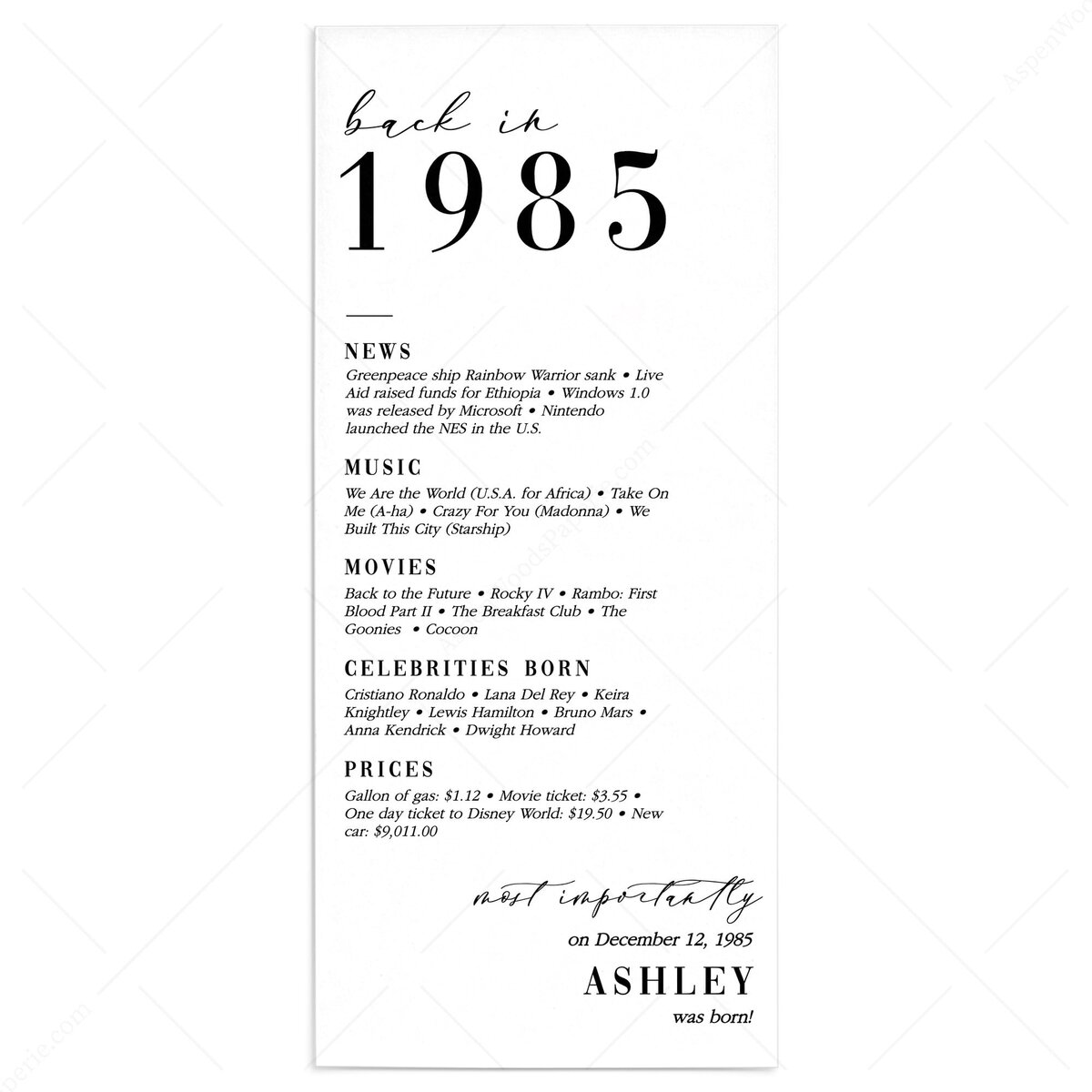 Born in 1985 Trivia Fun Facts Card | Editable Templates