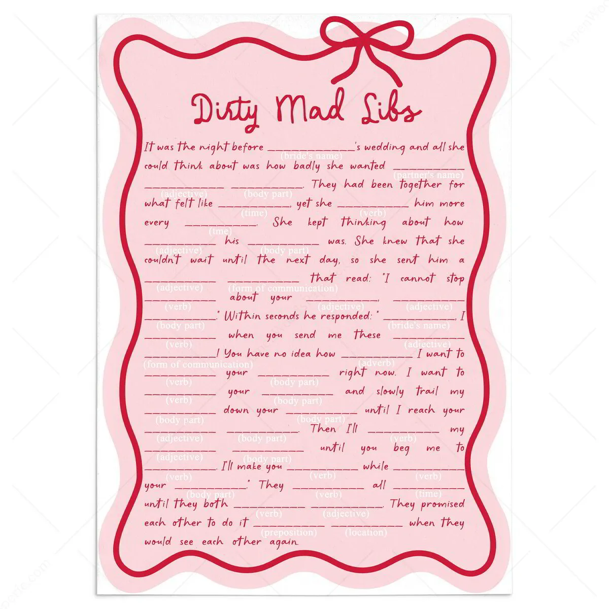 Coquette Bachelorette Mad Libs Dirty Edition | Instant Download
