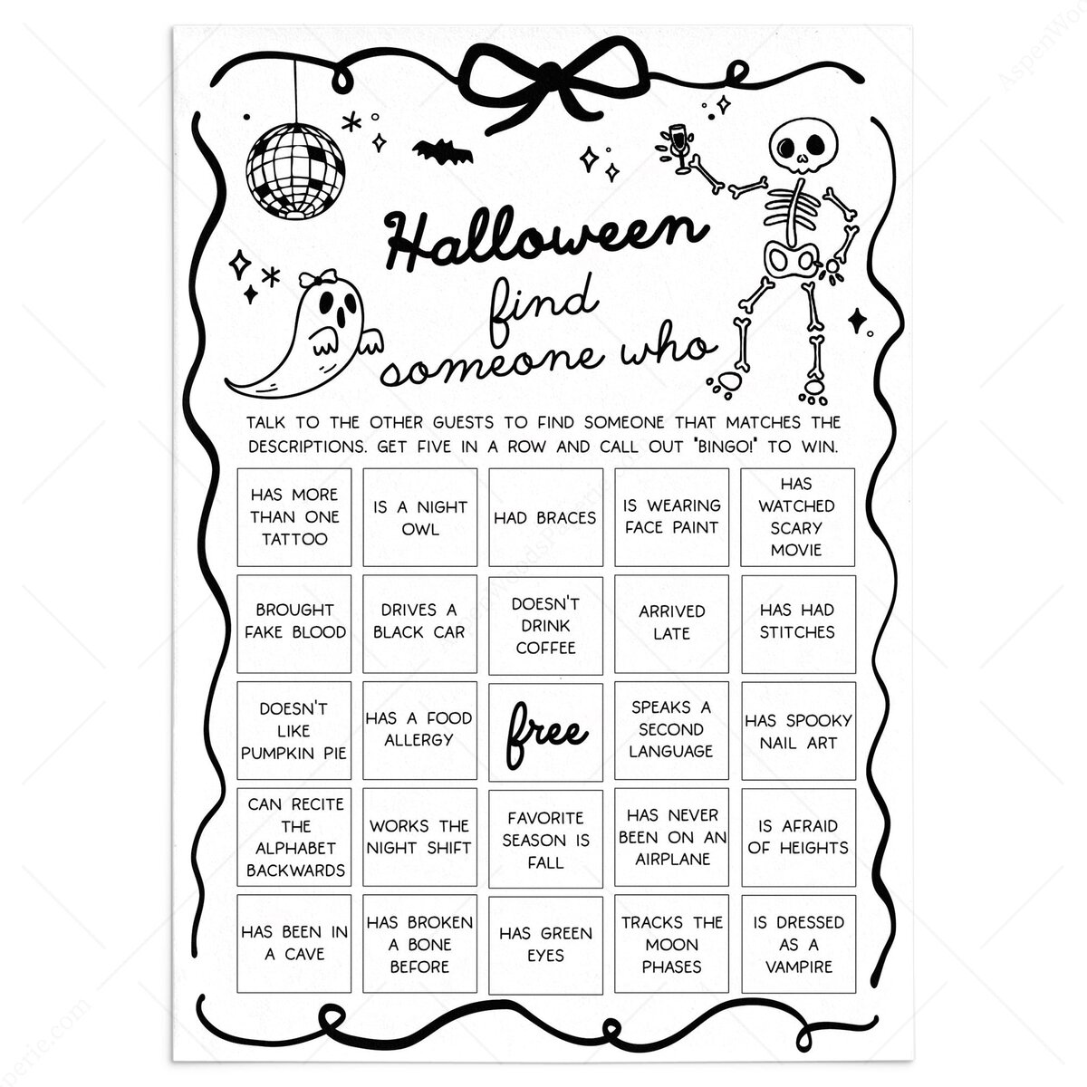 Black Bow Halloween Find Someone Who Bingo | Witches