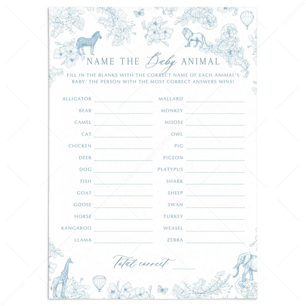 Name that Baby Animal Baby Shower Game | French Blue Themed