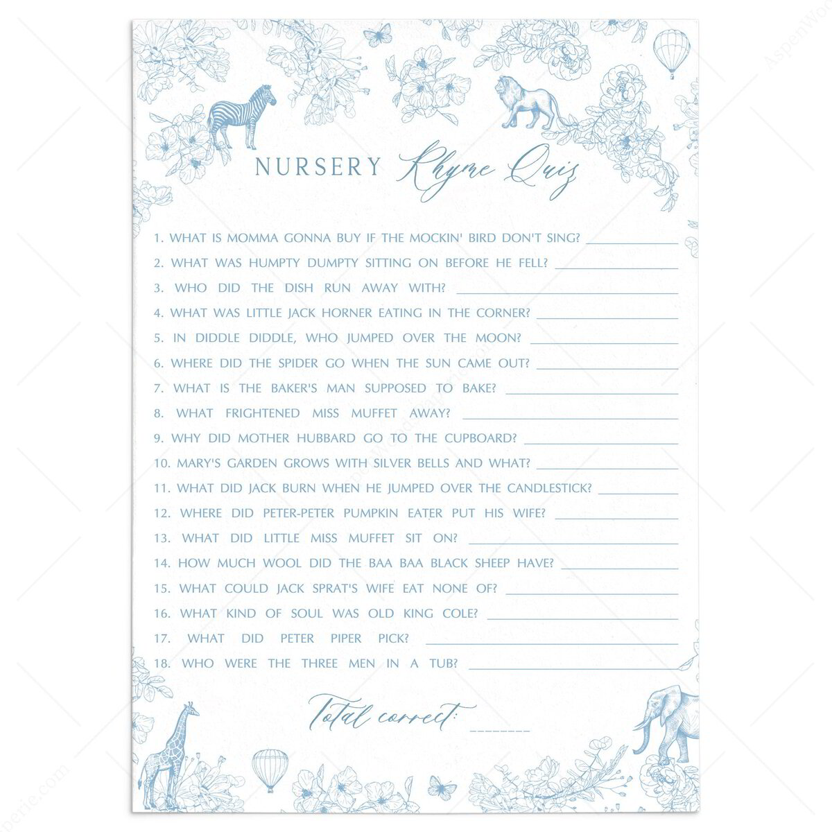 Blue Baby Shower Nursery Rhyme Quiz Trivia Game | Printable