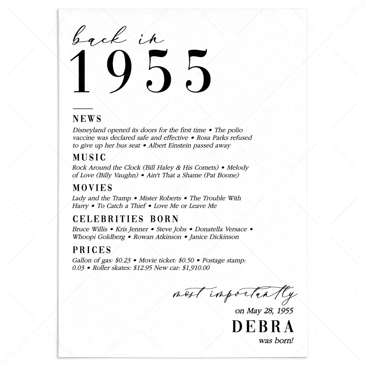 Back in 1950 Trivia Facts Card for Table Decor | Editable Template